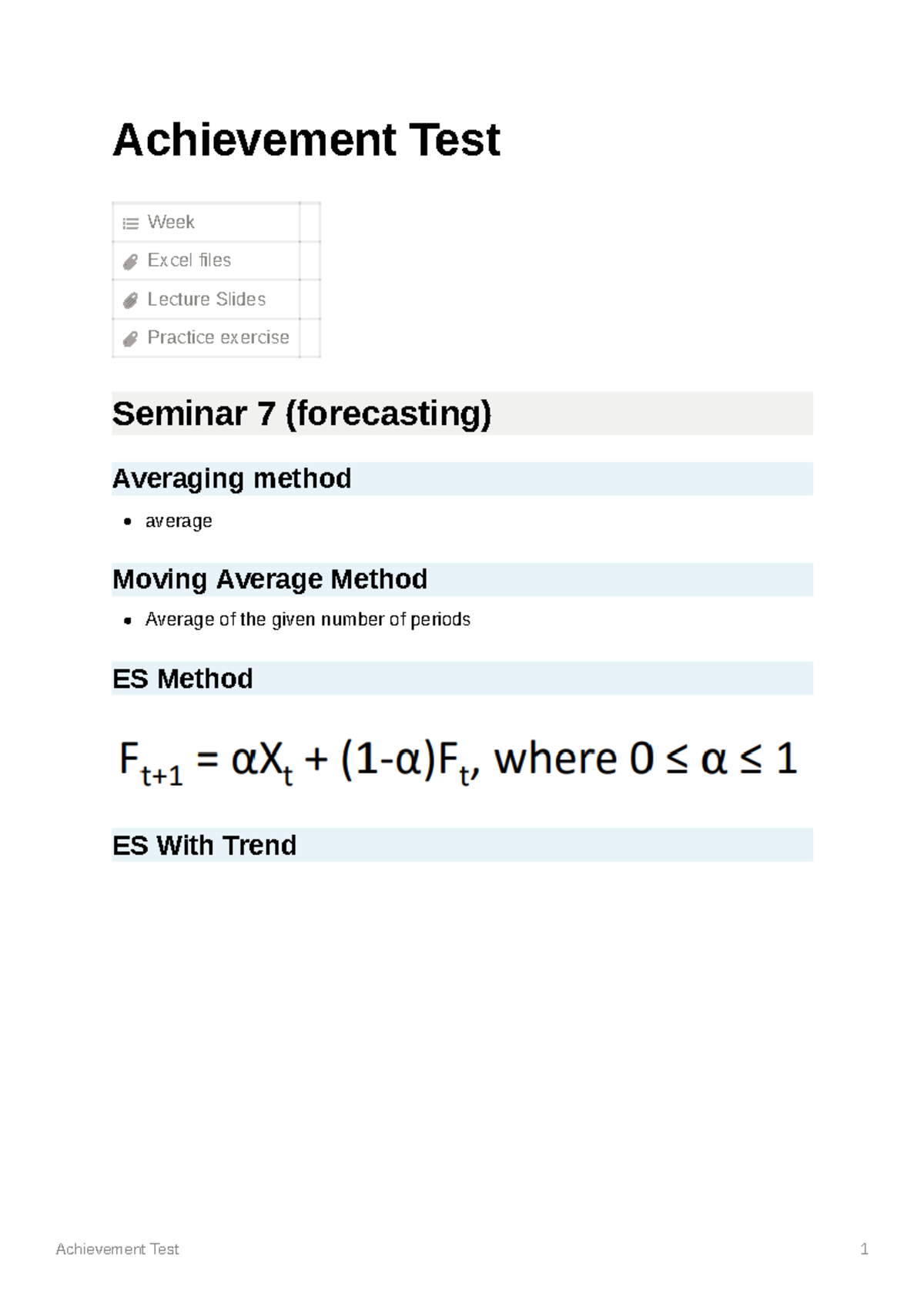 Achievement Test - ACT1 - Achievement Test Week Excel files Lecture ...