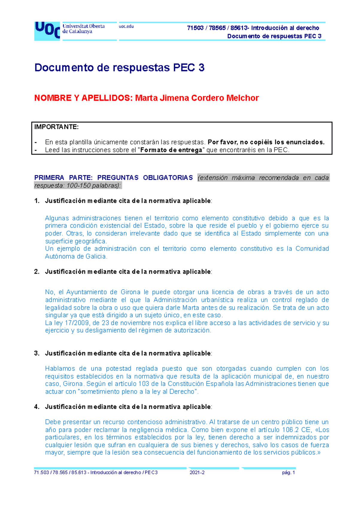 PEC3 Derecho - Documento de respuestas PEC 3 NOMBRE Y APELLIDOS: Marta Jimena Cordero Melchor ...