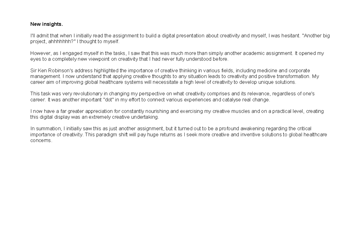 ENT60009 Creativity and Innovation Reflection worksheet - New insights ...