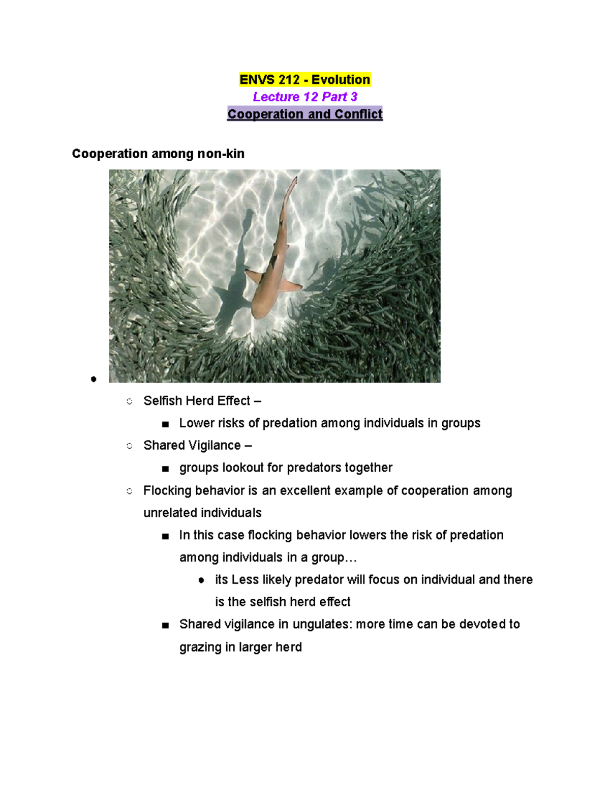 ENVS 212 Lecture 12 Part 3 - Spring 2020 - ENVS 212 - Evolution Lecture 12 Part 3 Cooperation ...