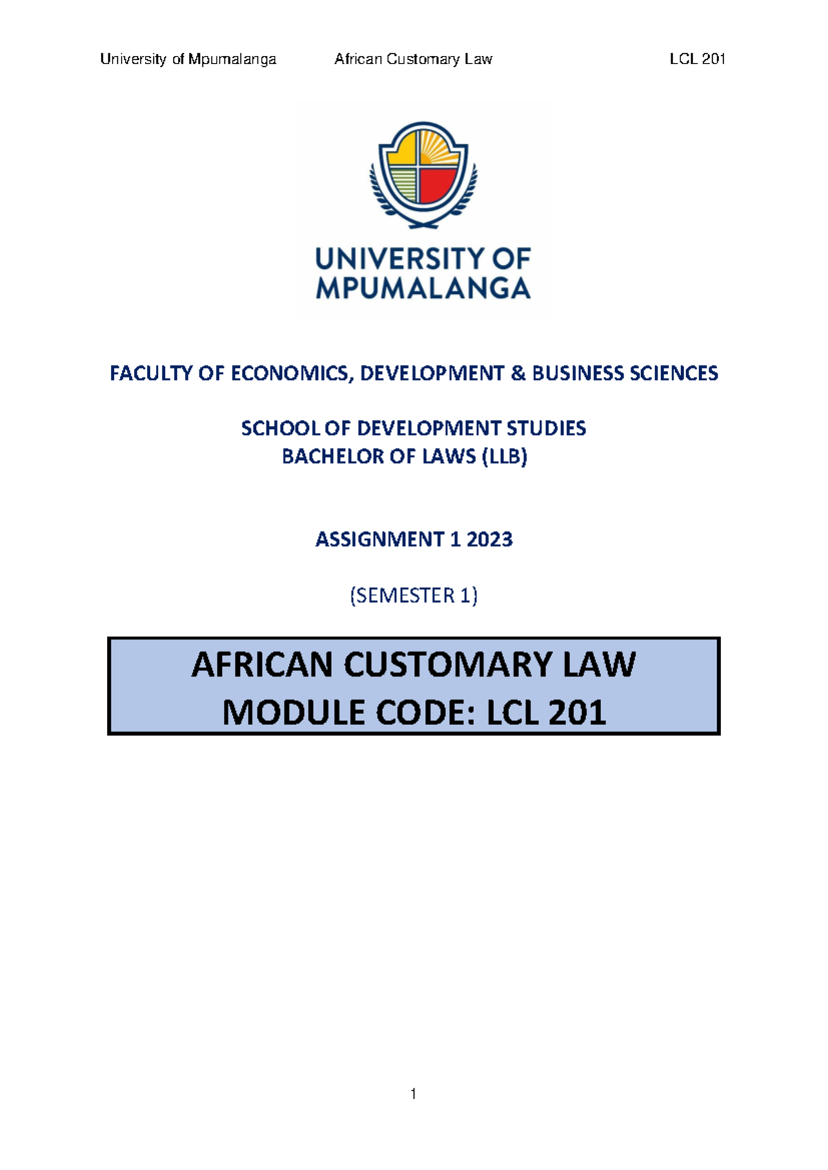 customary law assignment - University of Mpumalanga African Customary ...