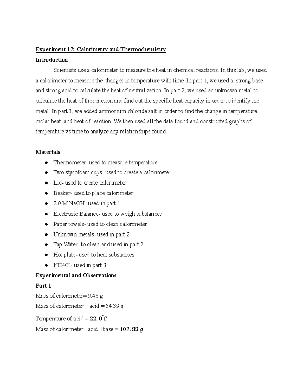Lab 17 - Lab 17 - Experiment 17: Calorimetry and Thermochemistry ...