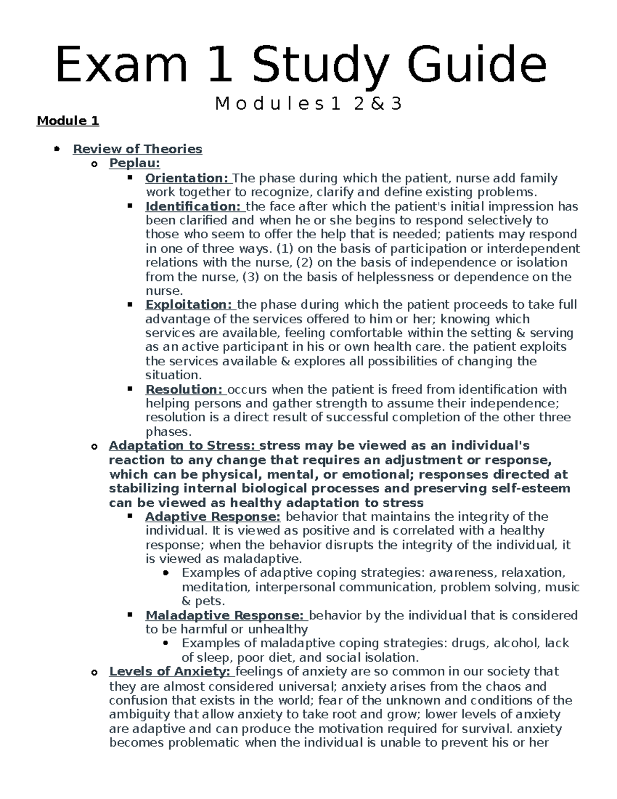 Exam 1 Study Guide- Mental Health - Exam 1 Study Guide M o d u l e s 1 ...