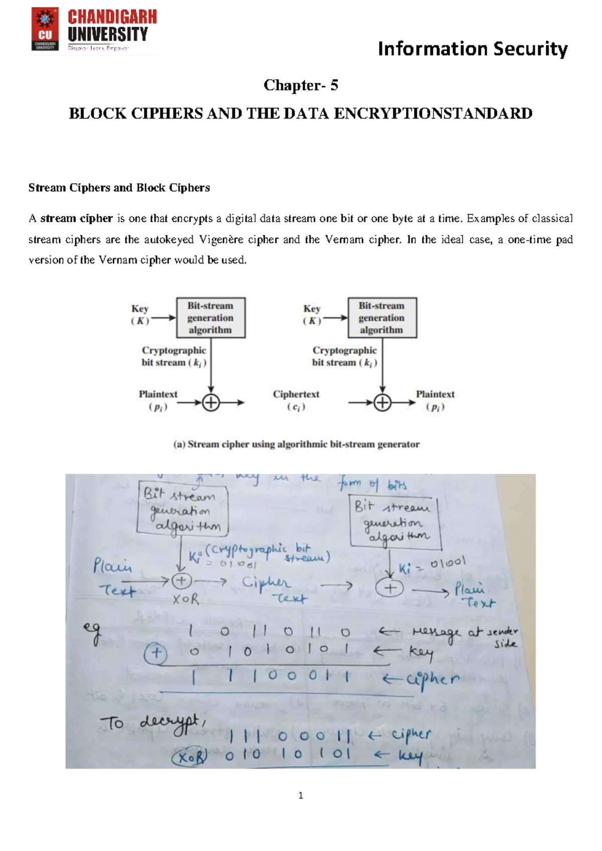 UNit-1 - Chapter 5 - Chapter- 5 BLOCK CIPHERS AND THE DATA ENCRYPTIONSTANDARD Stream Ciphers and ...