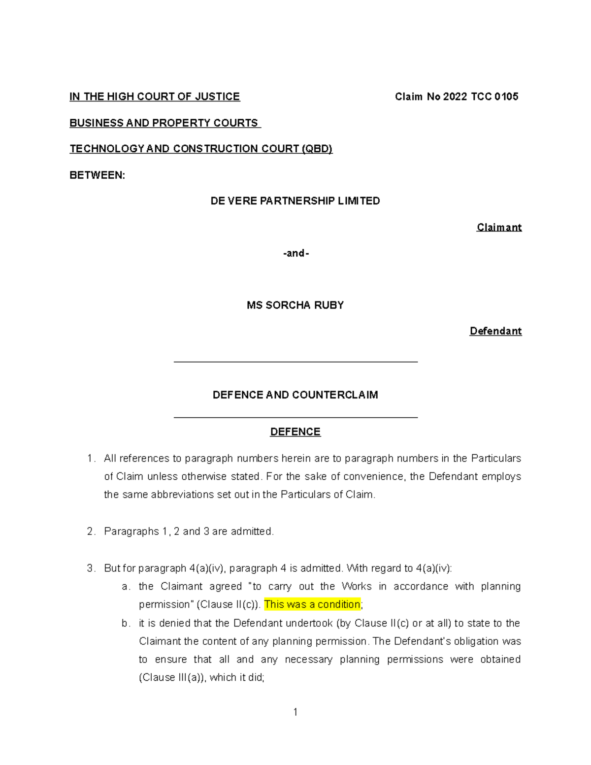 W5 Sample Script 2 - IN THE HIGH COURT OF JUSTICE Claim No 2022 TCC ...