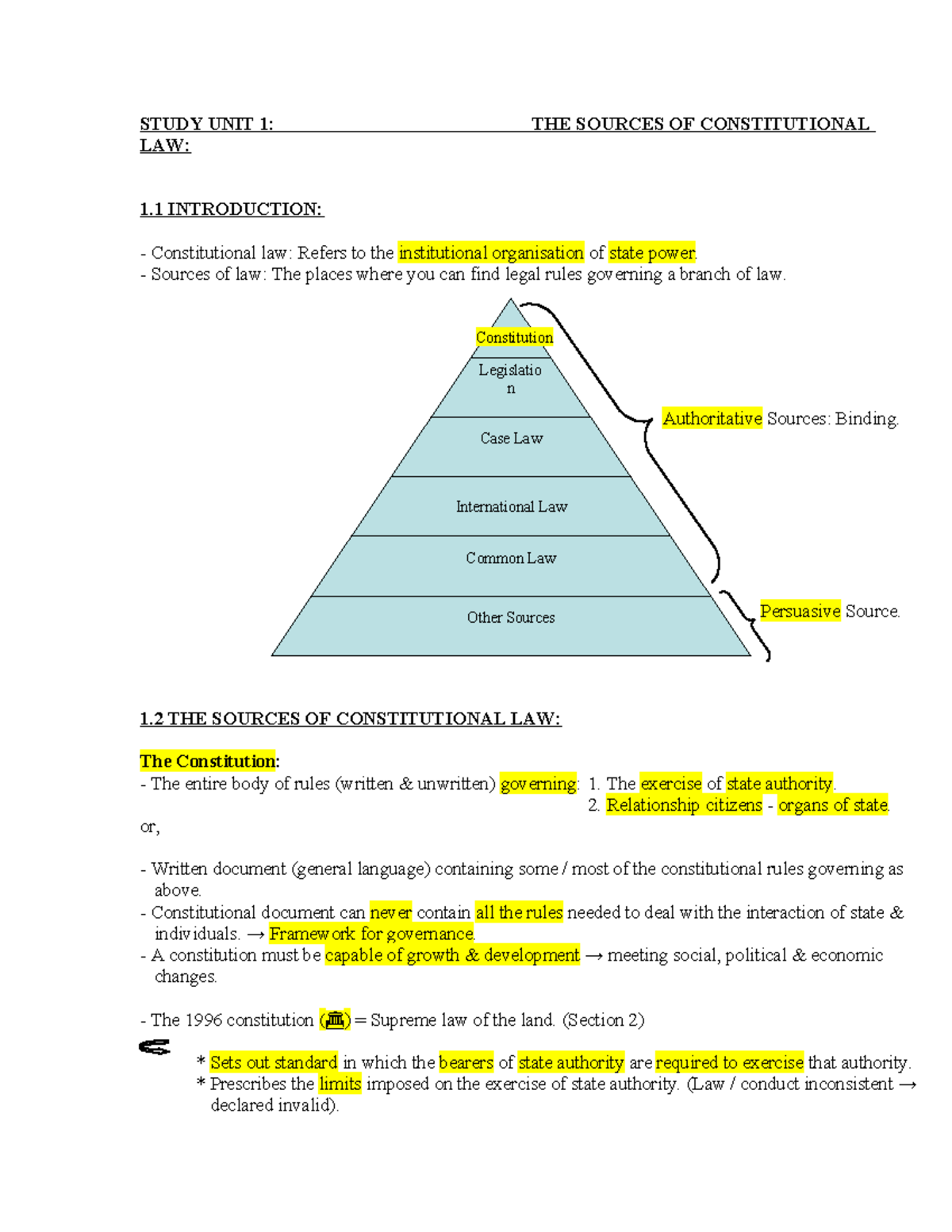 CSL2601 1 Sources of Consitutional Law - . Legislatio n Case Law ...