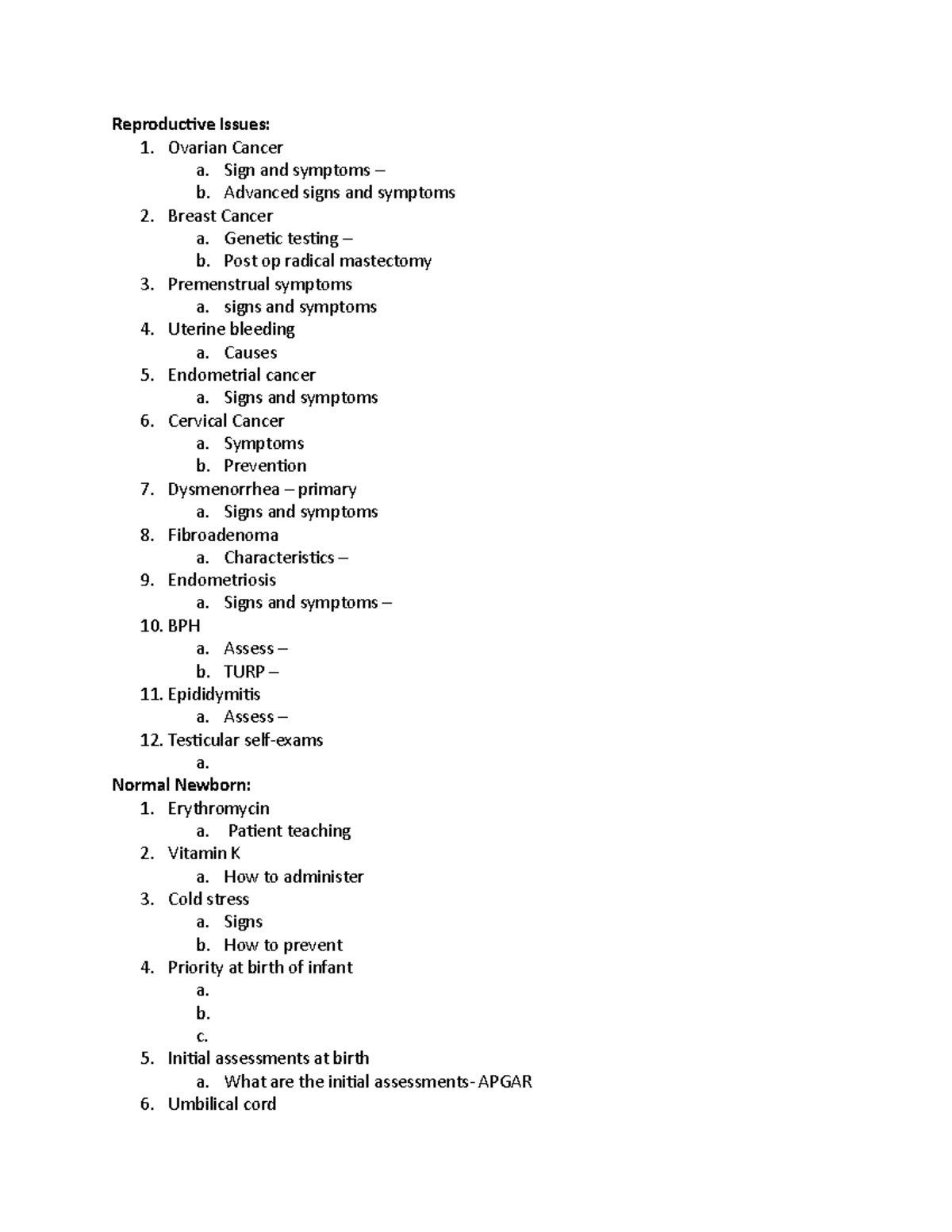 OB Student Final exam guide - Reproductive Issues: 1. Ovarian Cancer a ...