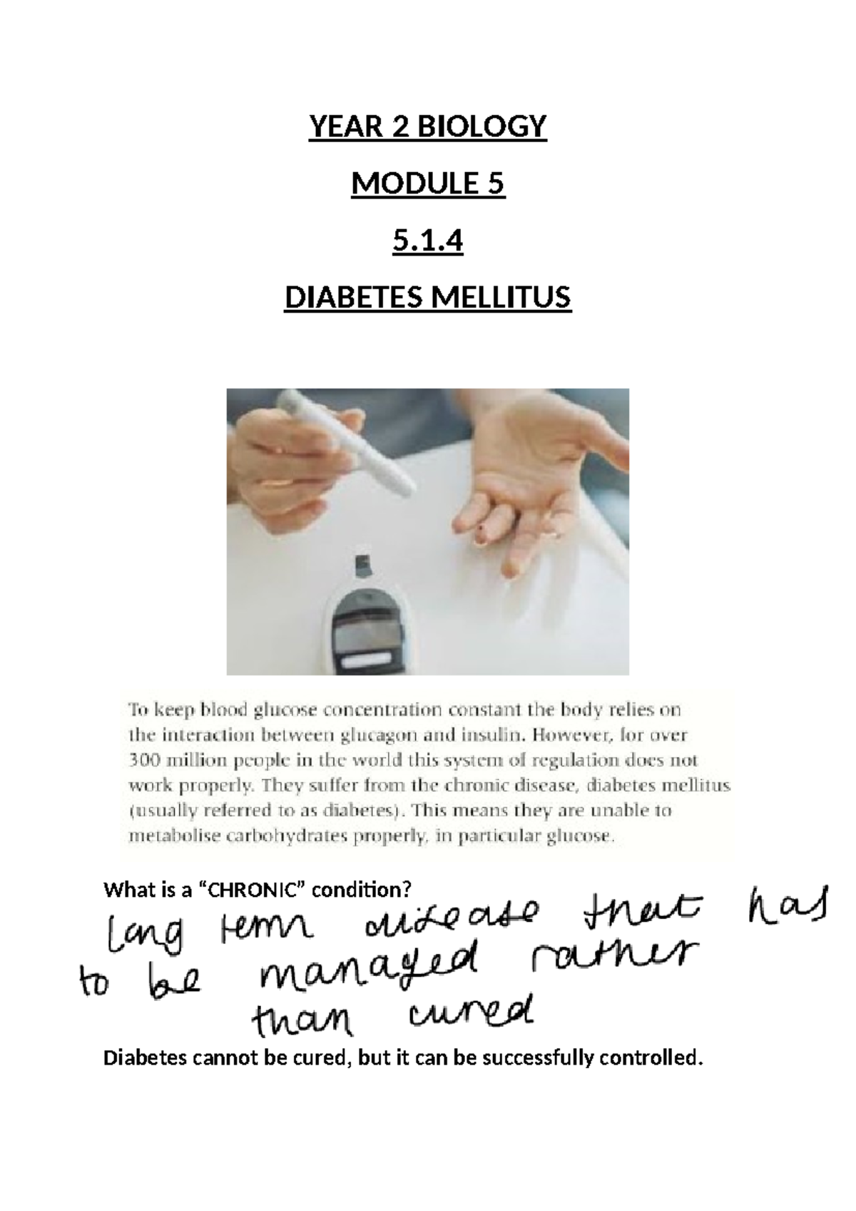 Diabetes student copy - vsgsg - YEAR 2 BIOLOGY MODULE 5 5. DIABETES ...