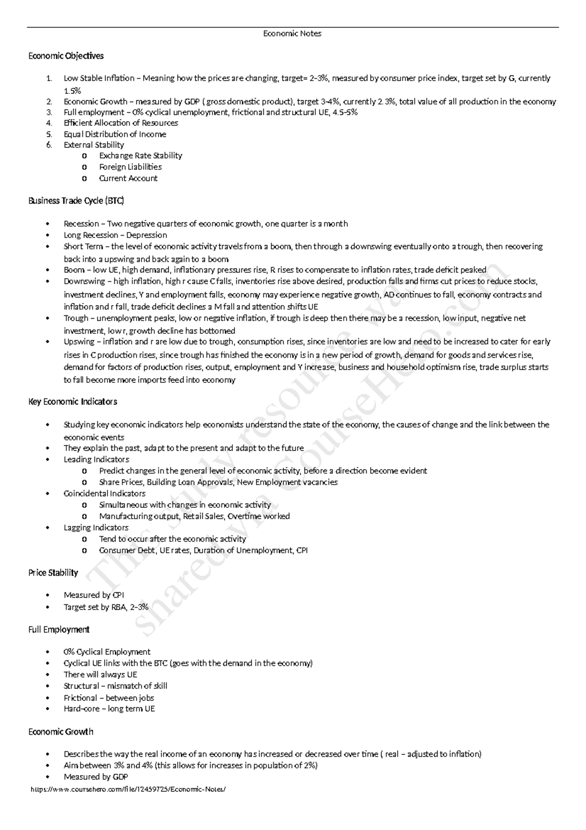 Economic Notes - Economic Notes Economic Objectives Low Stable ...