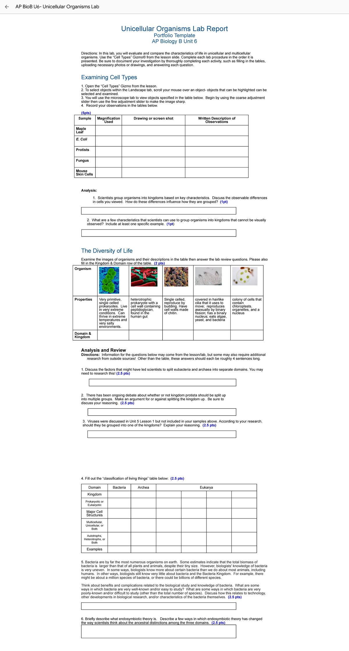 AP Bio B U6- Unicellular Organisms Lab - Unicellular Organisms Lab ...