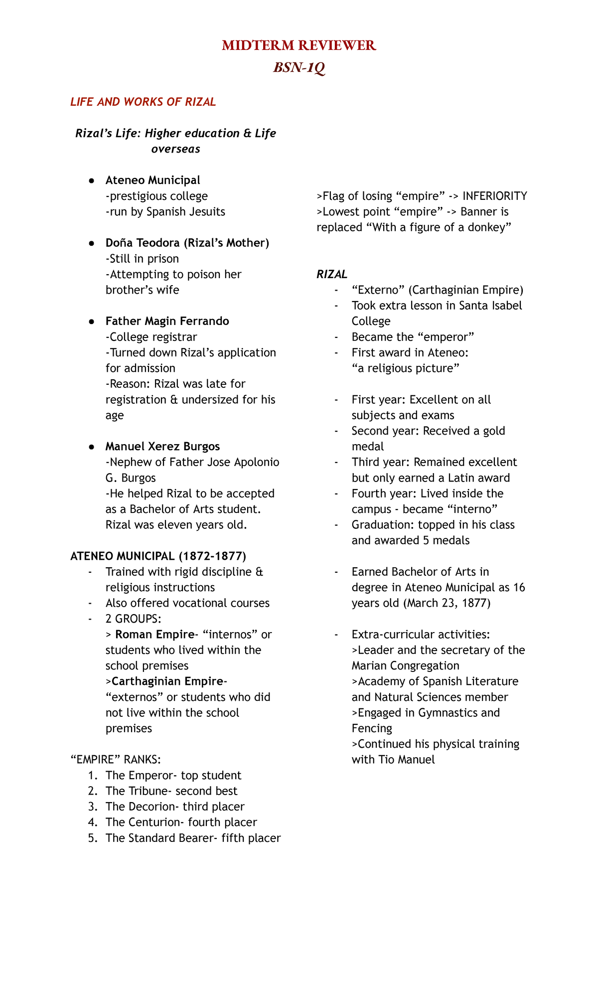 Rizal Midterm Reviewer 1 - MIDTERM REVIEWER BSN-1Q LIFE AND WORKS OF ...