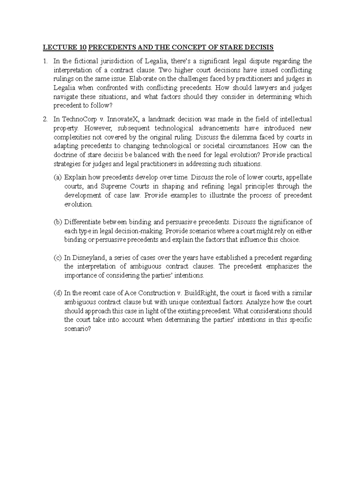 Questions and Assignments Lecture 10 Precedents and the Concept of ...