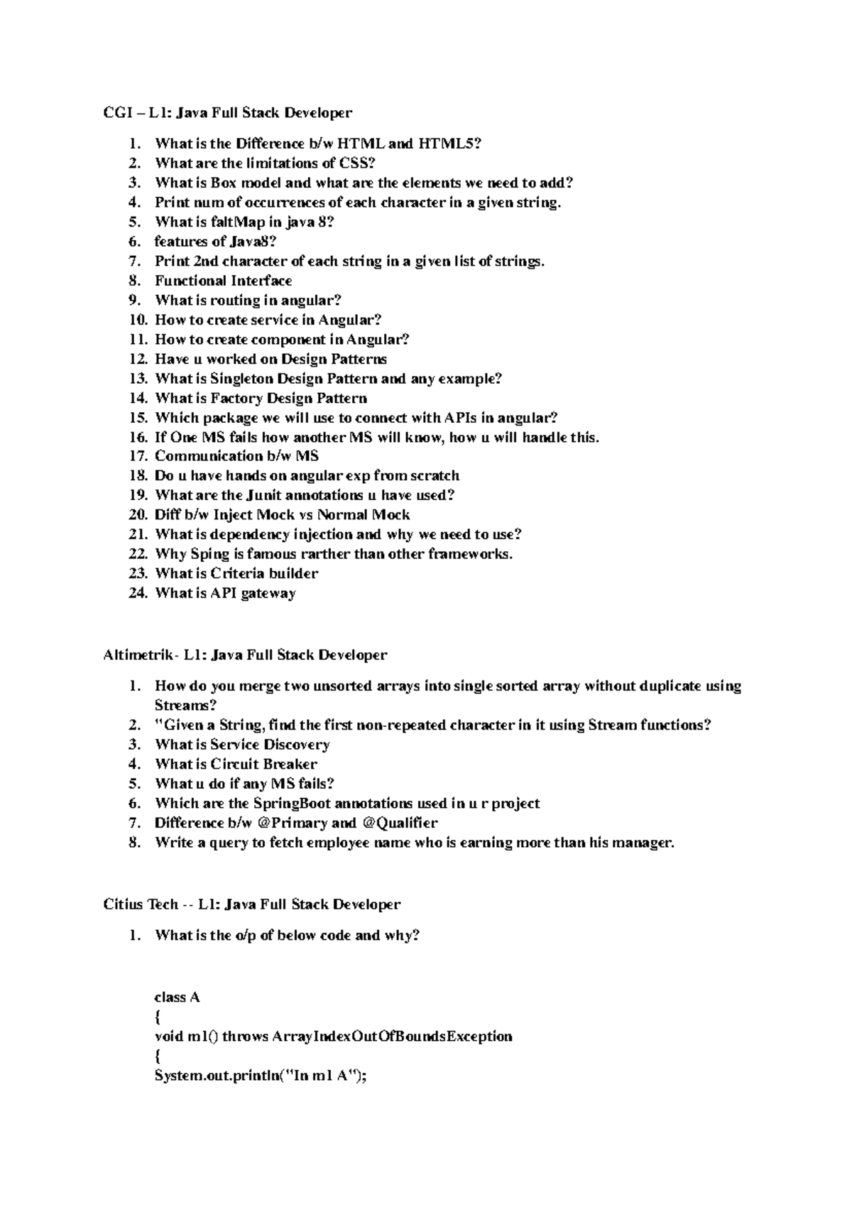 Interview Question for Java Developer - CGI – L1: Java Full Stack ...