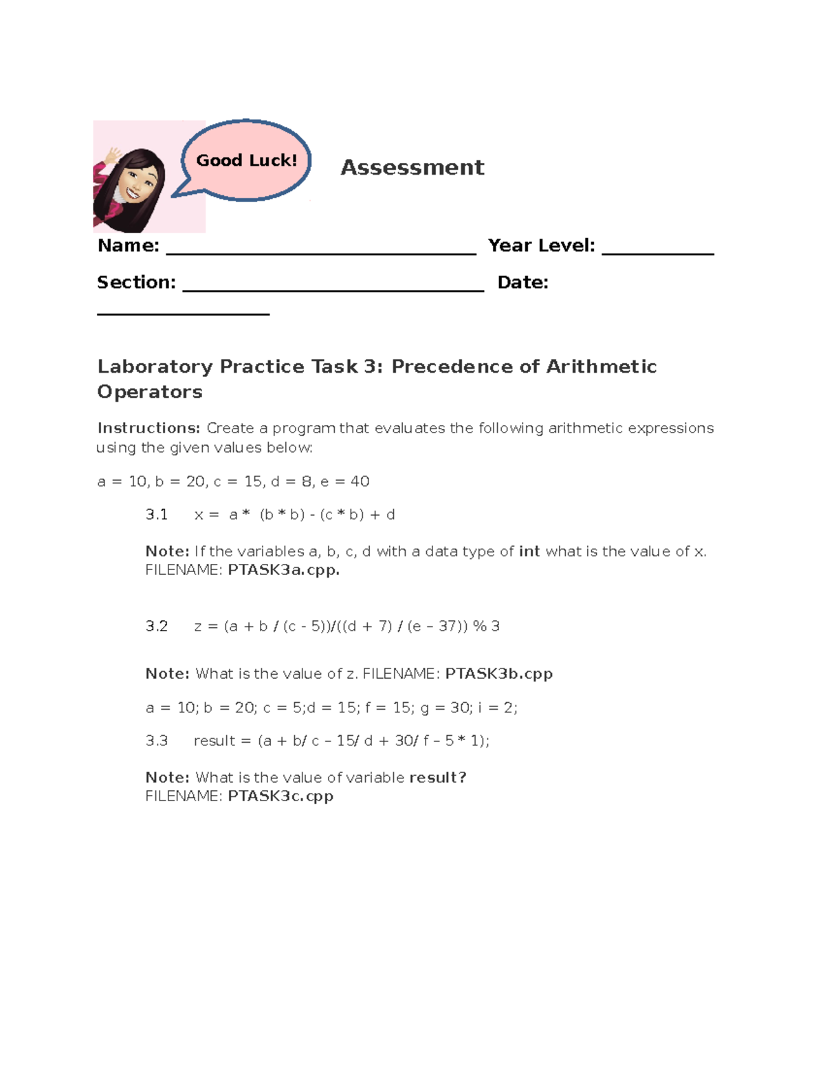Laboratory Practice Tasks 3 to 5 - Assessment Name ...