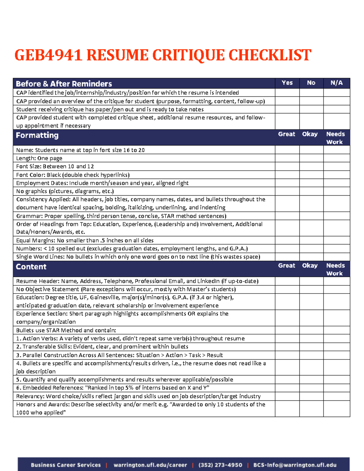 GEB4941 Resume Grading Rubric Final - GEB4941 RESUME CRITIQUE CHECKLIST ...