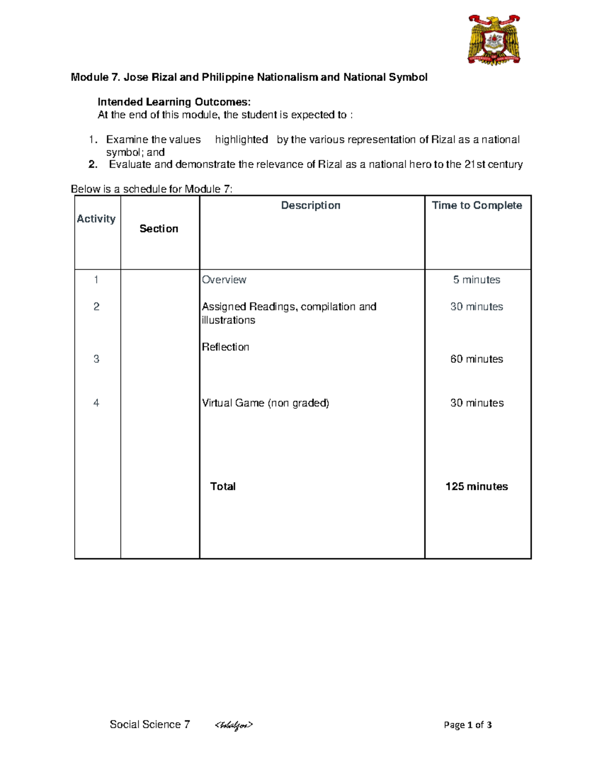 Module 7 - Social Science 7 Page 1 of 3 Module 7. Jose Rizal and ...