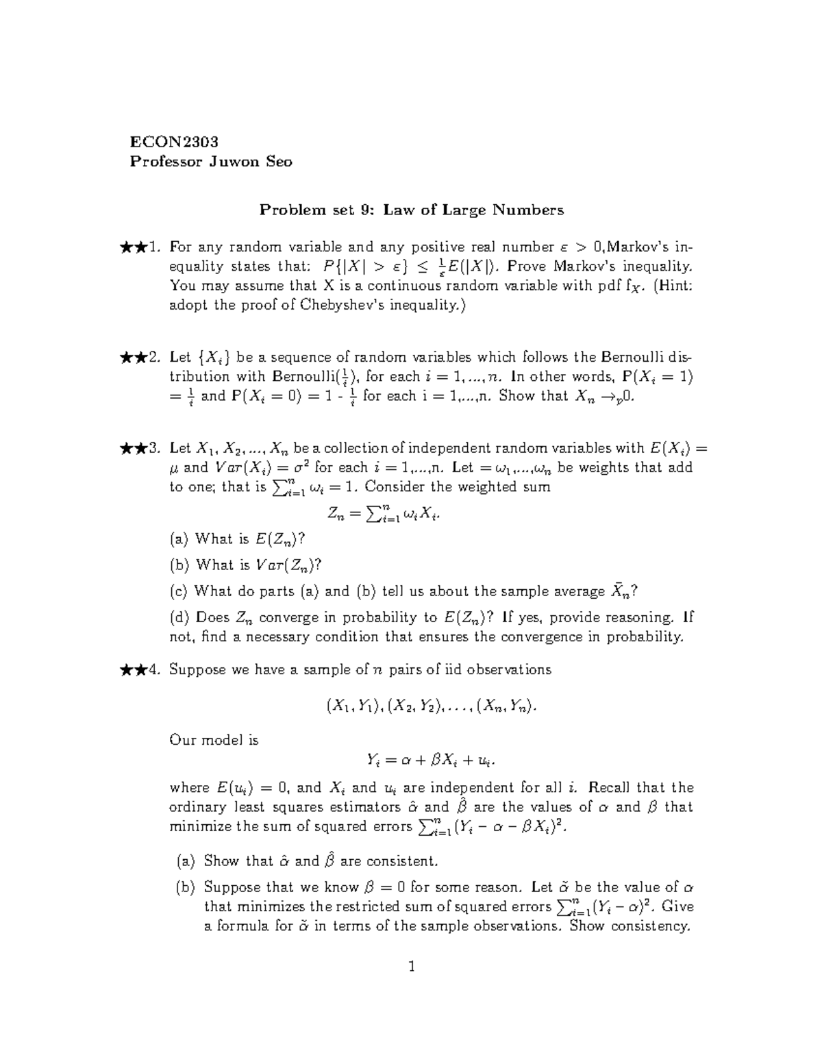 Problem Set 9 detailed working - ECON Professor Juwon Seo Problem set 9 ...