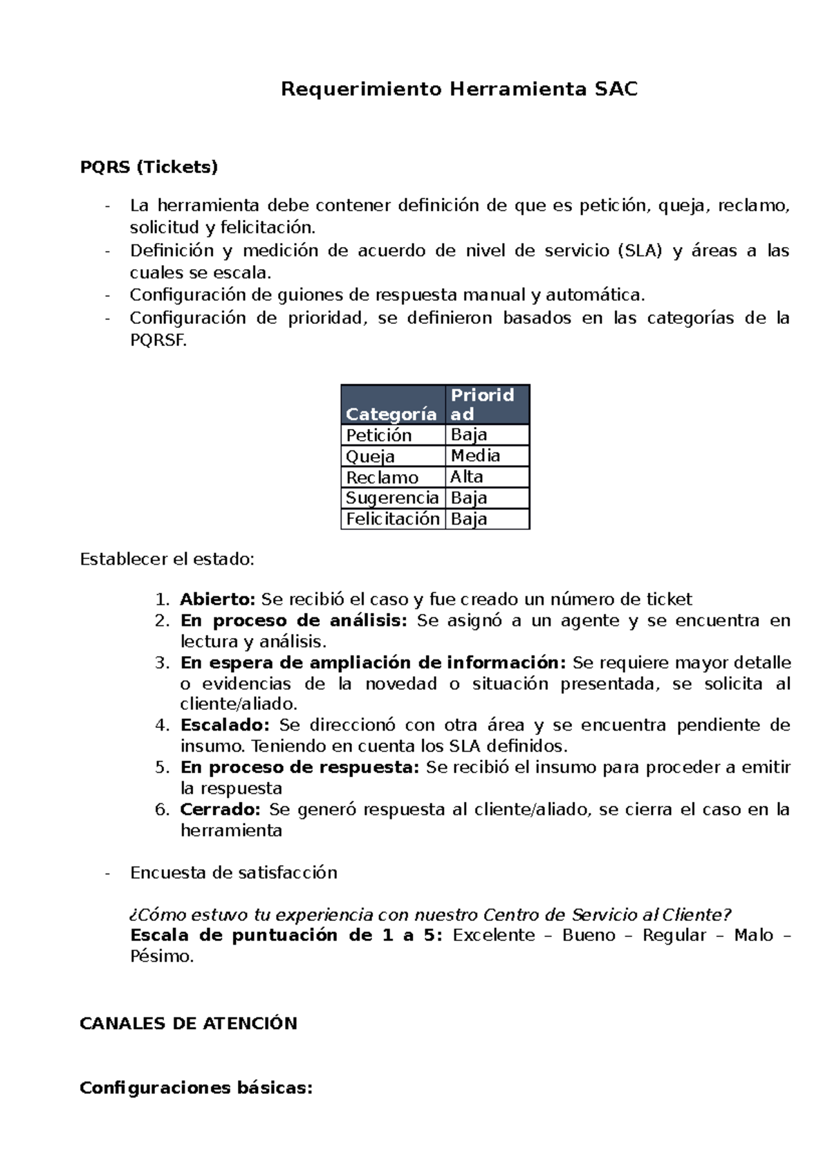 Requerimiento herramienta de gestion Servicio al cliente - - Studocu
