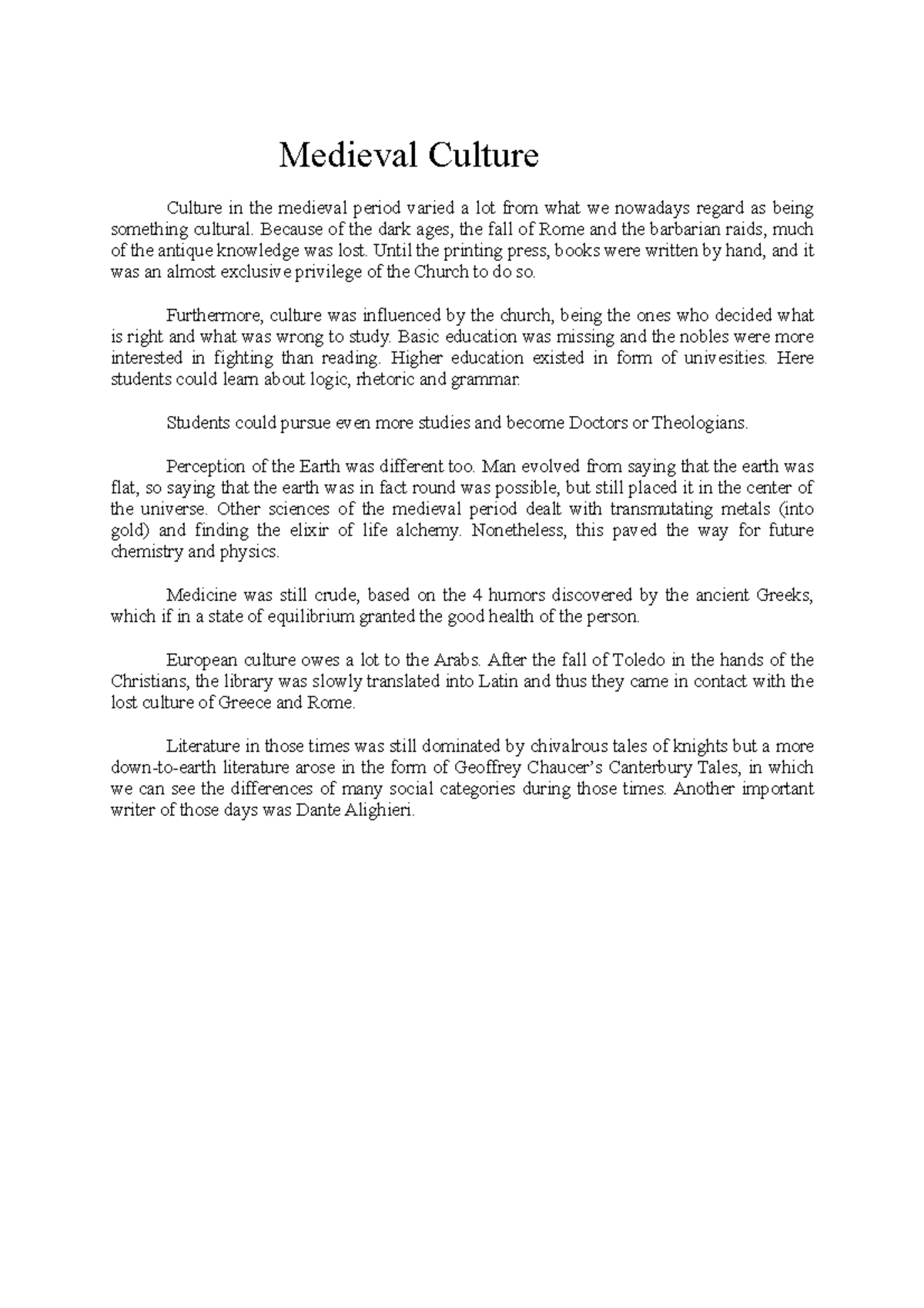 Medieval Culture - Lecture notes 5 - Medieval Culture Culture in the ...