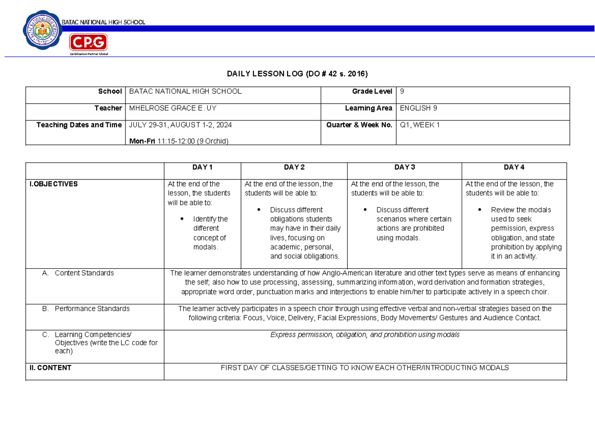 DLL English 9 - DAILY LESSON LOG (DO # 42 s. 2016) School BATAC ...