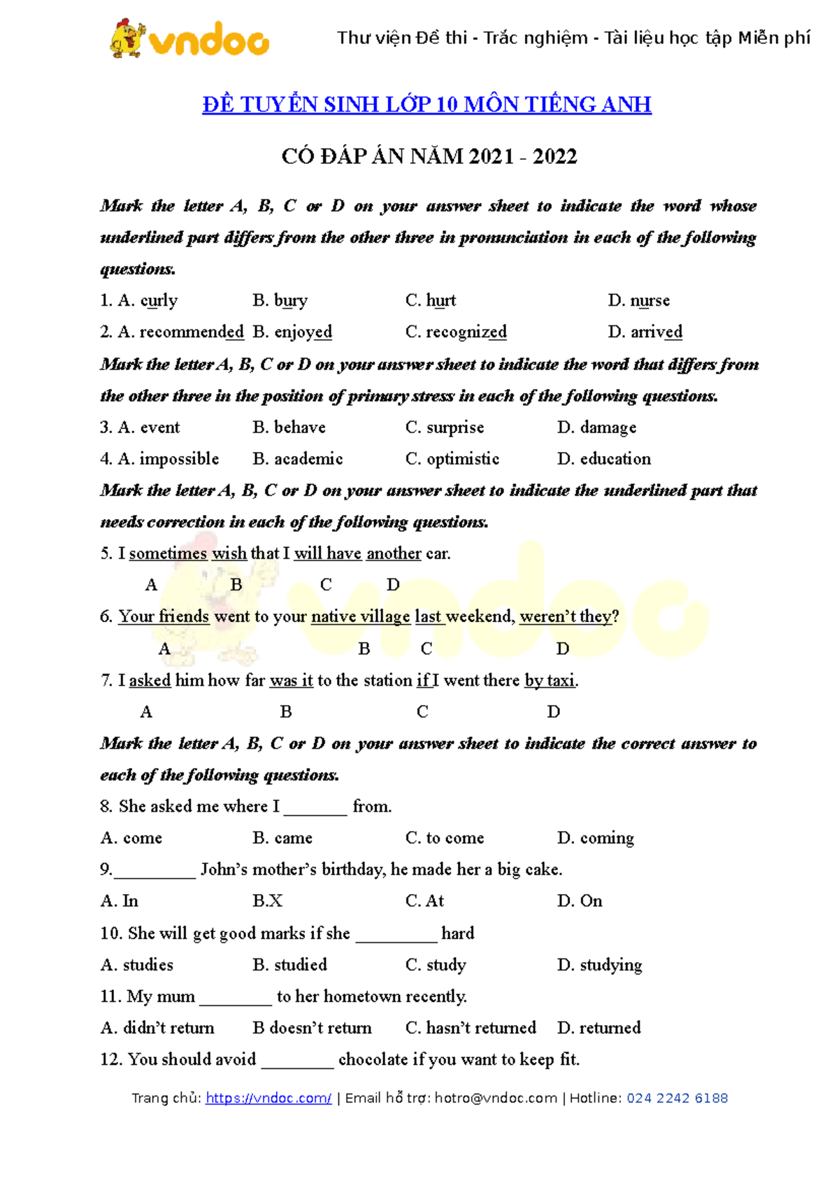De thi thu tieng anh vao 10 ha noi so 2 - ĐỀ TUYỂN SINH LỚP 10 MÔN TIẾNG ANH CÓ ĐÁP ÁN NĂM 2021 ...