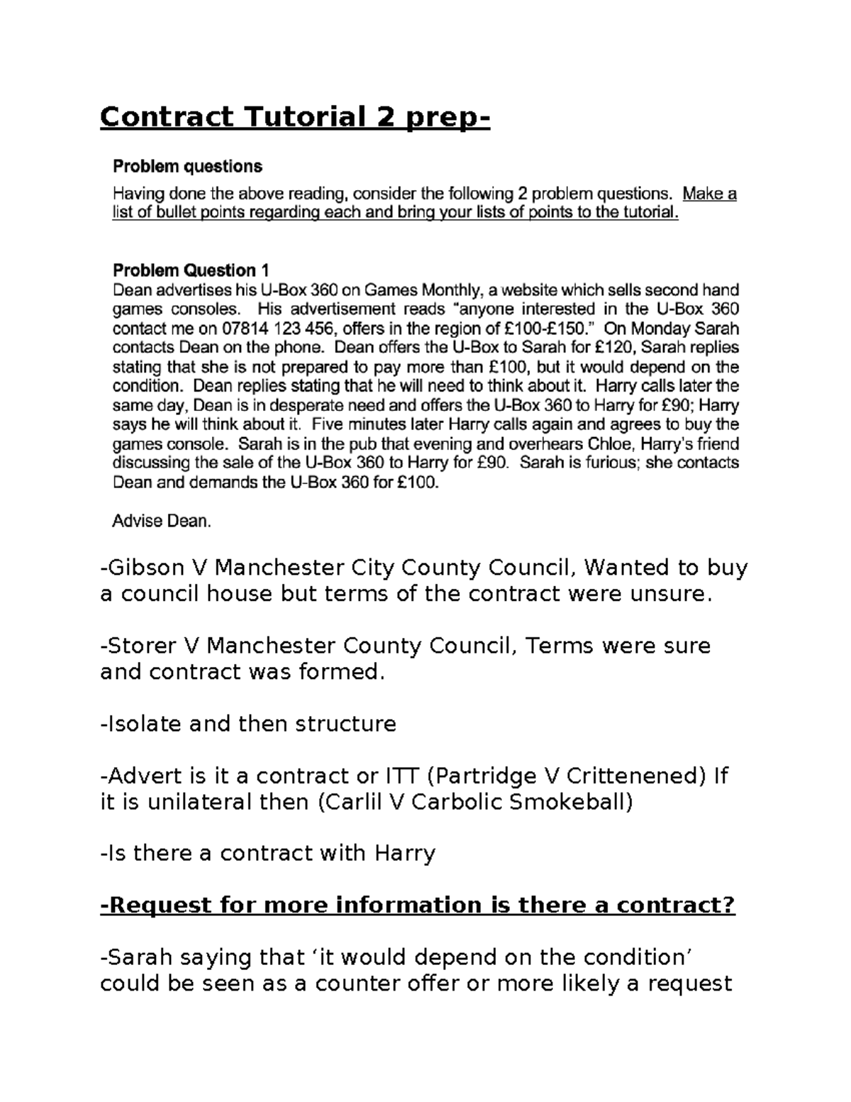 Contract Tutorial 2 prep - Contract Tutorial 2 prep-Gibson V Manchester City County Council ...