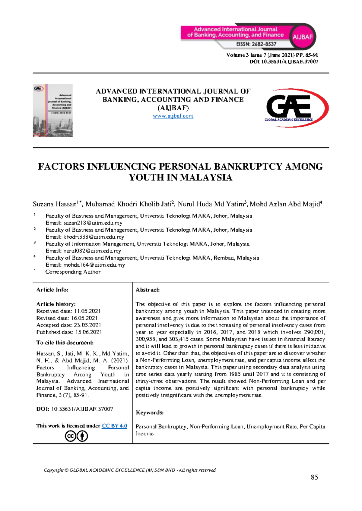 Factors Influencing Personal Bankruptcy - DOI 10/AIJBAF. Copyright ...