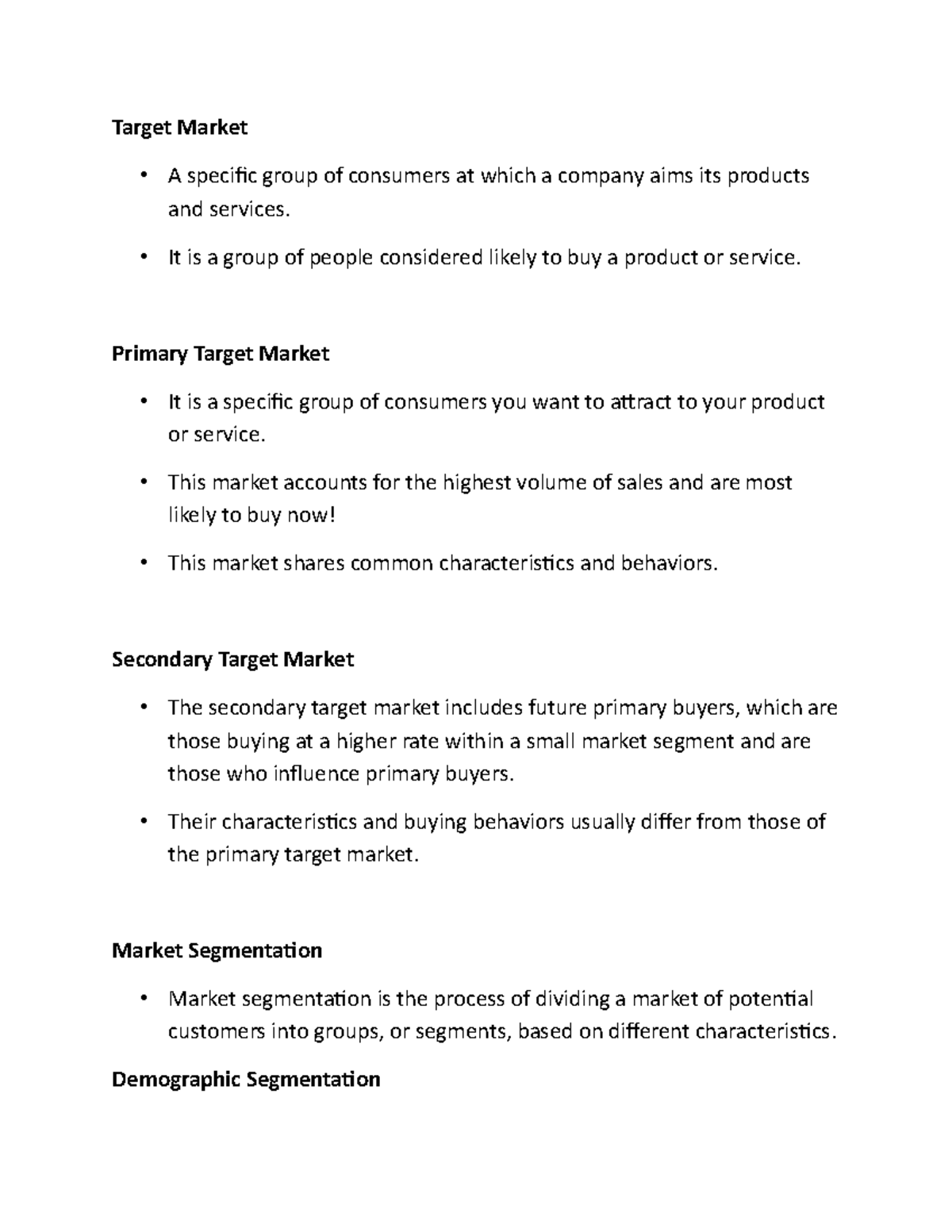 Target Market - Lecture notes 1 - Target Market - A specific group of ...