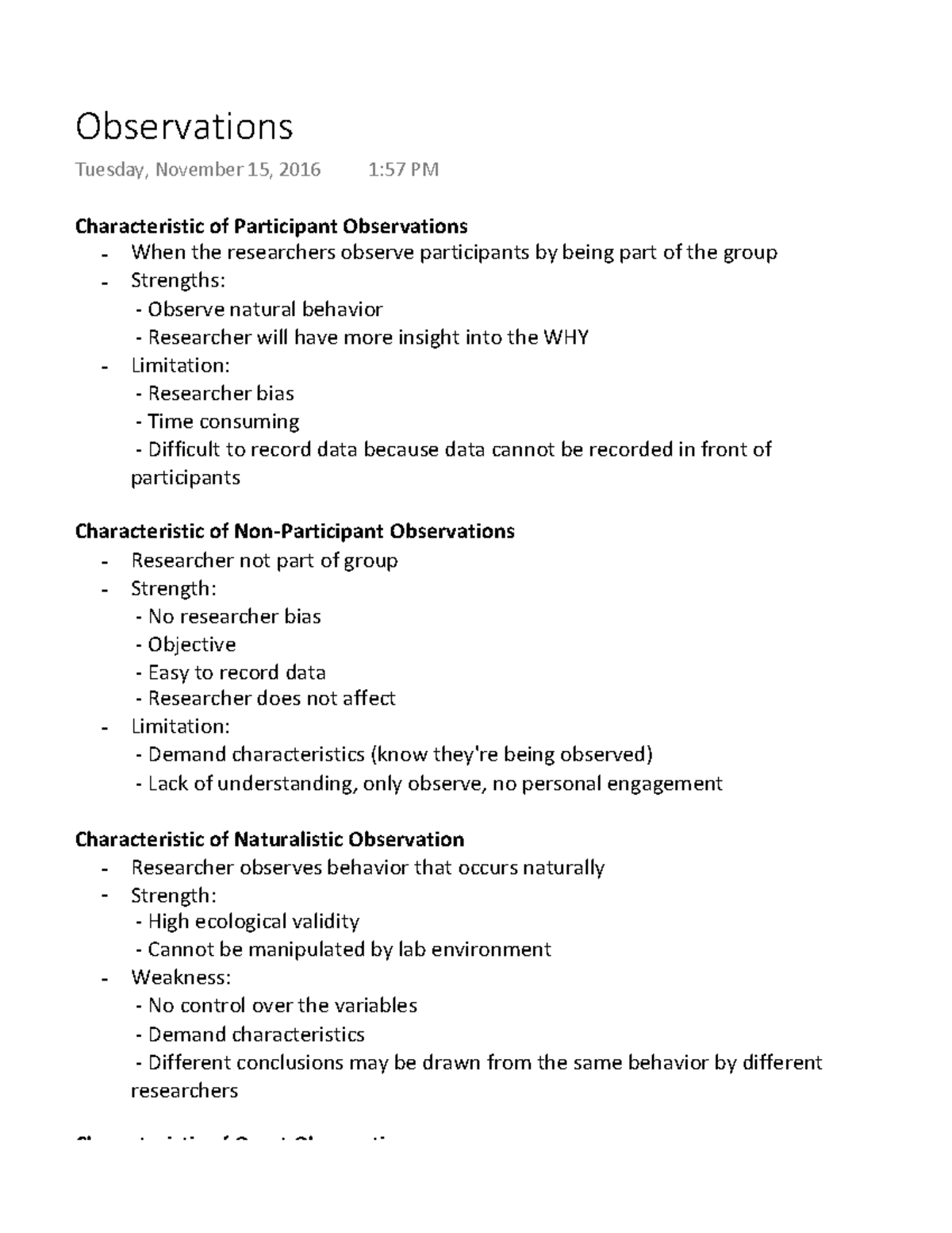 Pap1 - Writing notes - Characteristic of Participant Observations When ...