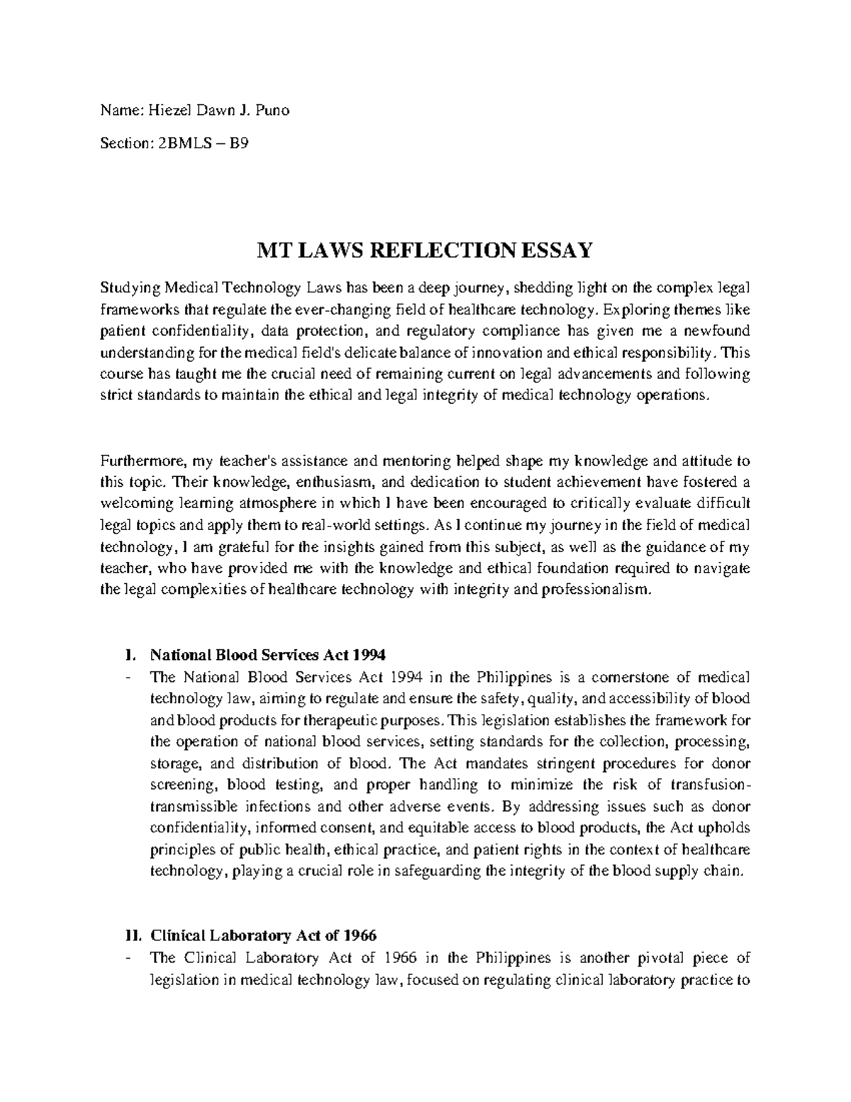 Mtlaws Essay and concept map - Name: Hiezel Dawn J. Puno Section: 2BMLS ...