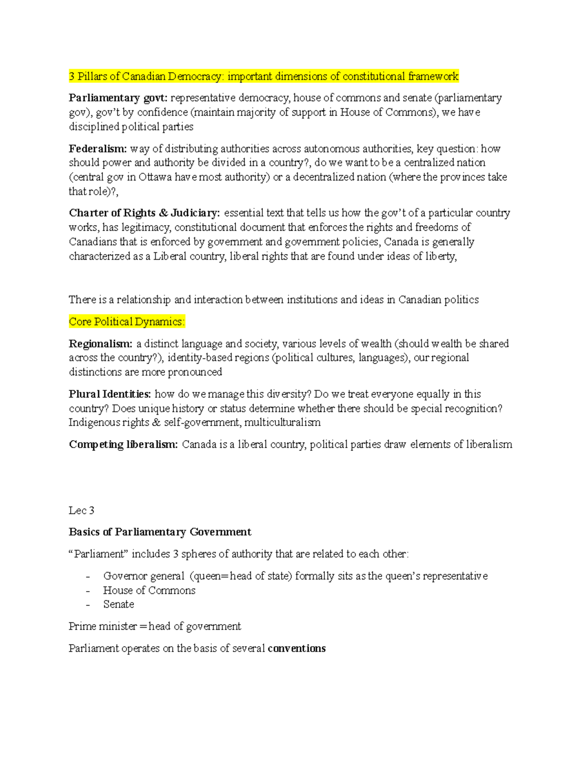 Political Science 101 notes Midterm - 3 Pillars of Canadian Democracy ...