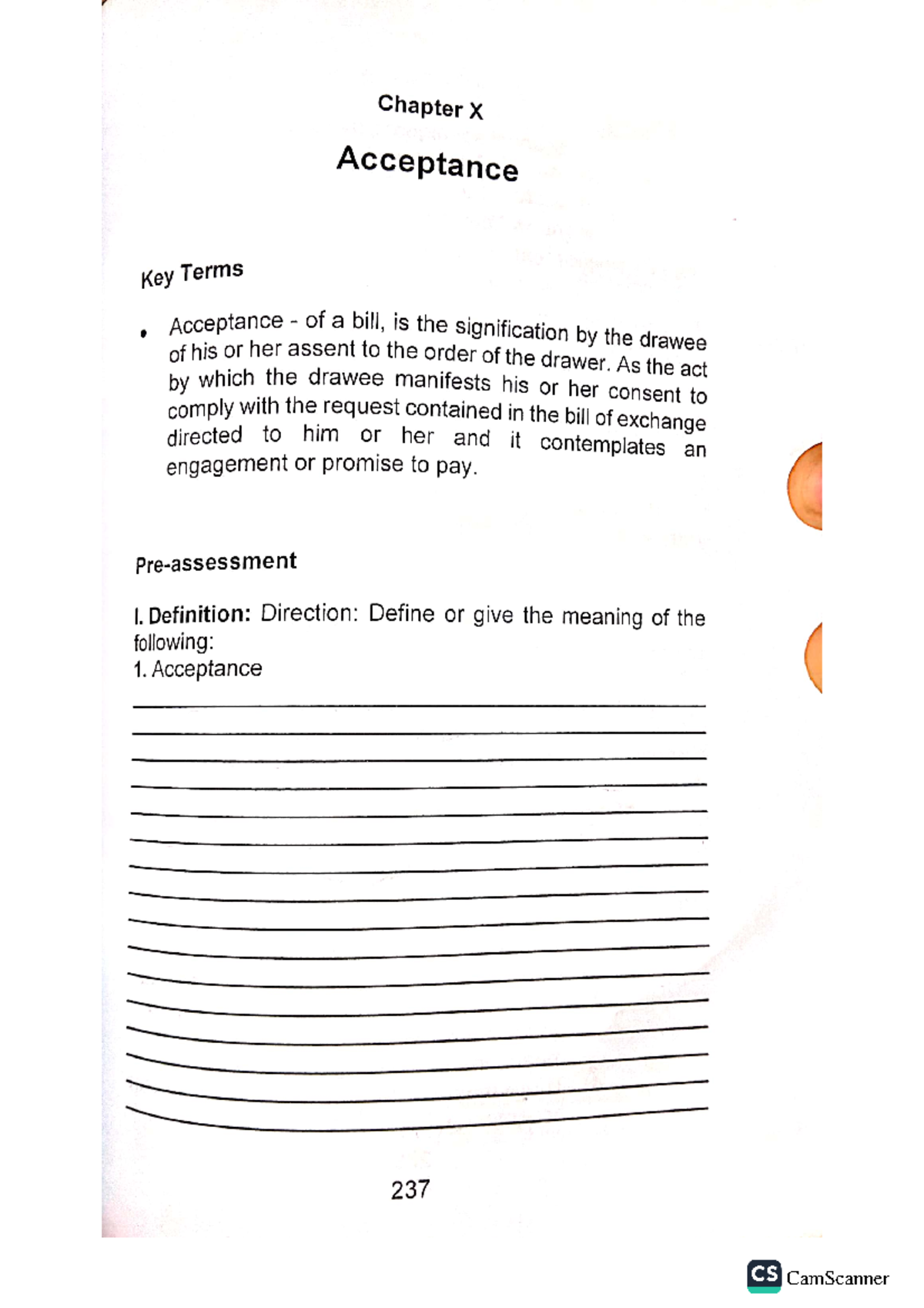 Acceptance & Presentment - Chapter X Acceptance Key Terms Acceptance of ...