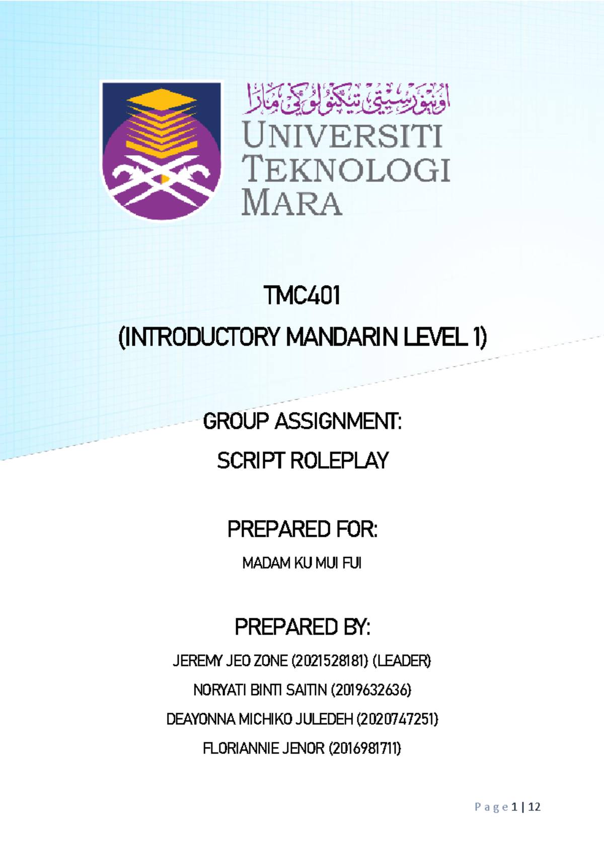 Leader Group Jeremy TMC401 SAMA5A RP Checking - TMC (INTRODUCTORY MANDARIN LEVEL 1) GROUP - Studocu