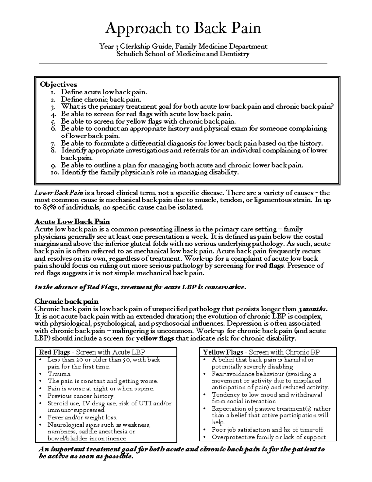 Guide-Back Pain - Approach to Back Pain Year 3 Clerkship Guide, Family ...