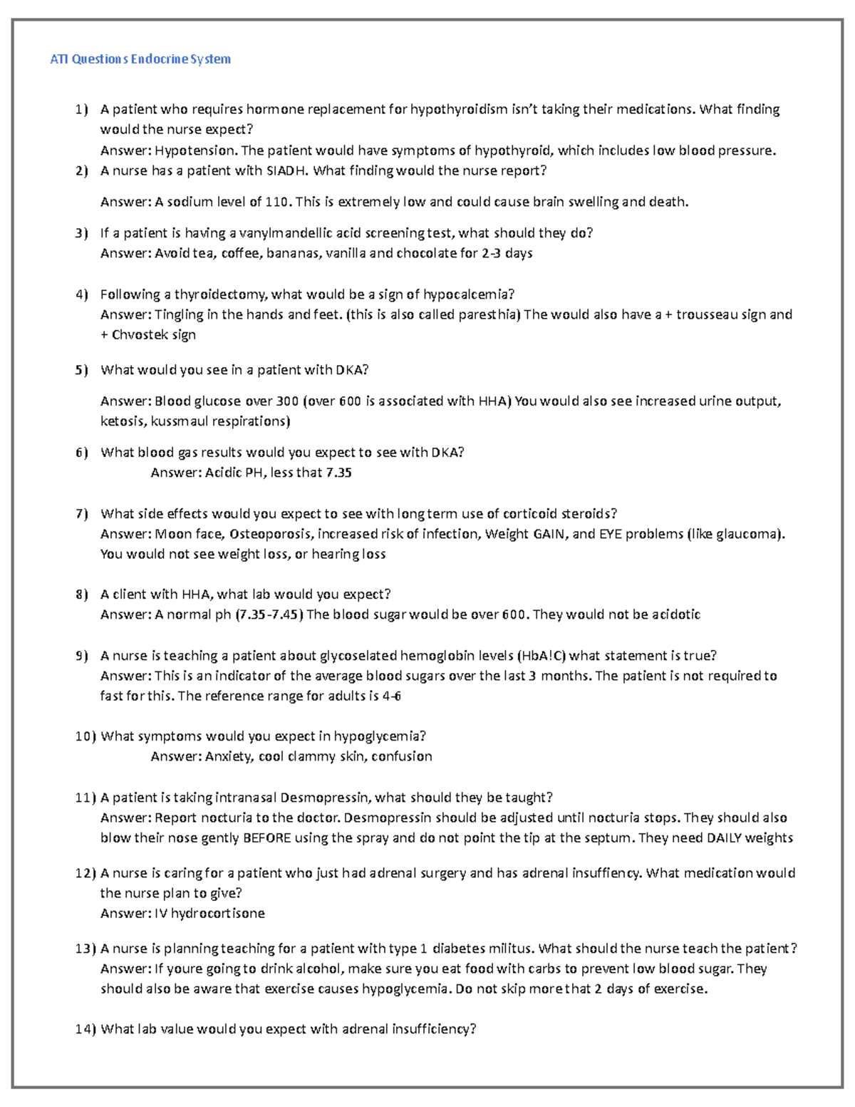 Endocrine Study guide - notes - ATI Questions Endocrine System A ...