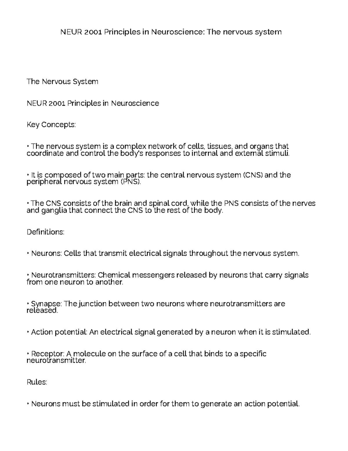 Notes-NEUR 2001 Principles IN Neuroscience-THE Nervous System - NEUR ...