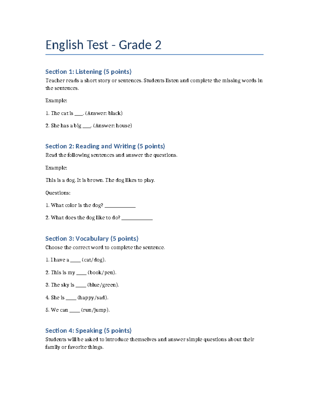 English Test Grade 2 - very goooood - English Test - Grade 2 Section 1 ...