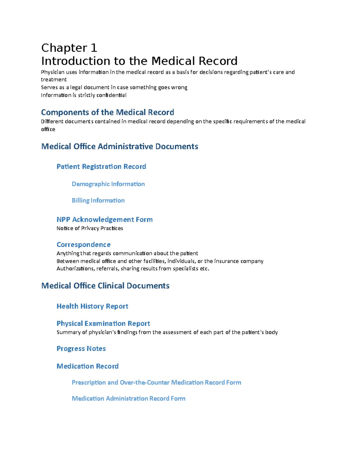 CH 1 Notes - Chapter 1 Introduction to the Medical Record Physician ...