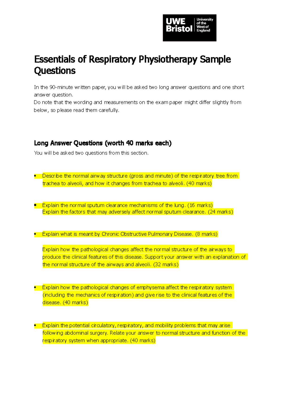 Sample Questions - Essentials of Respiratory Physiotherapy Sample ...
