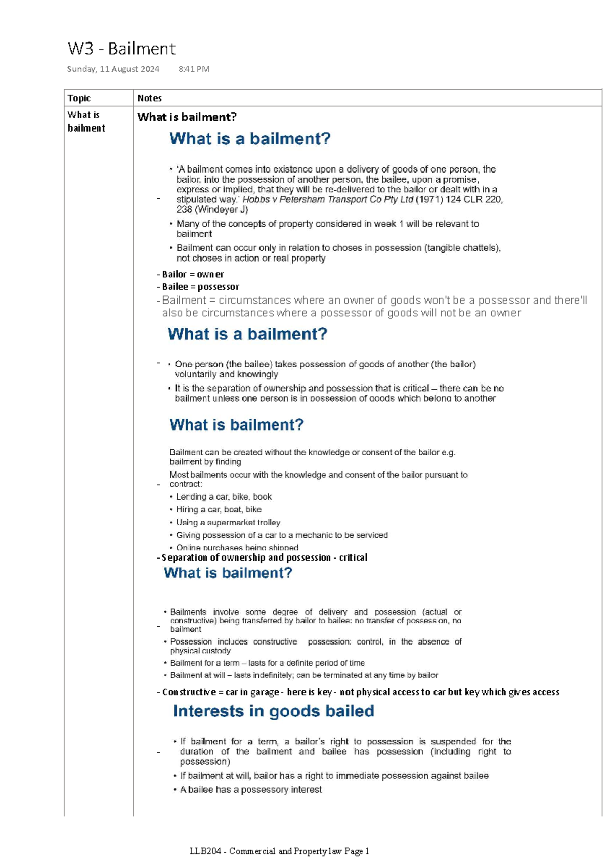 Week 3 - Bailment - Topic Notes What is bailment What is bailment ...