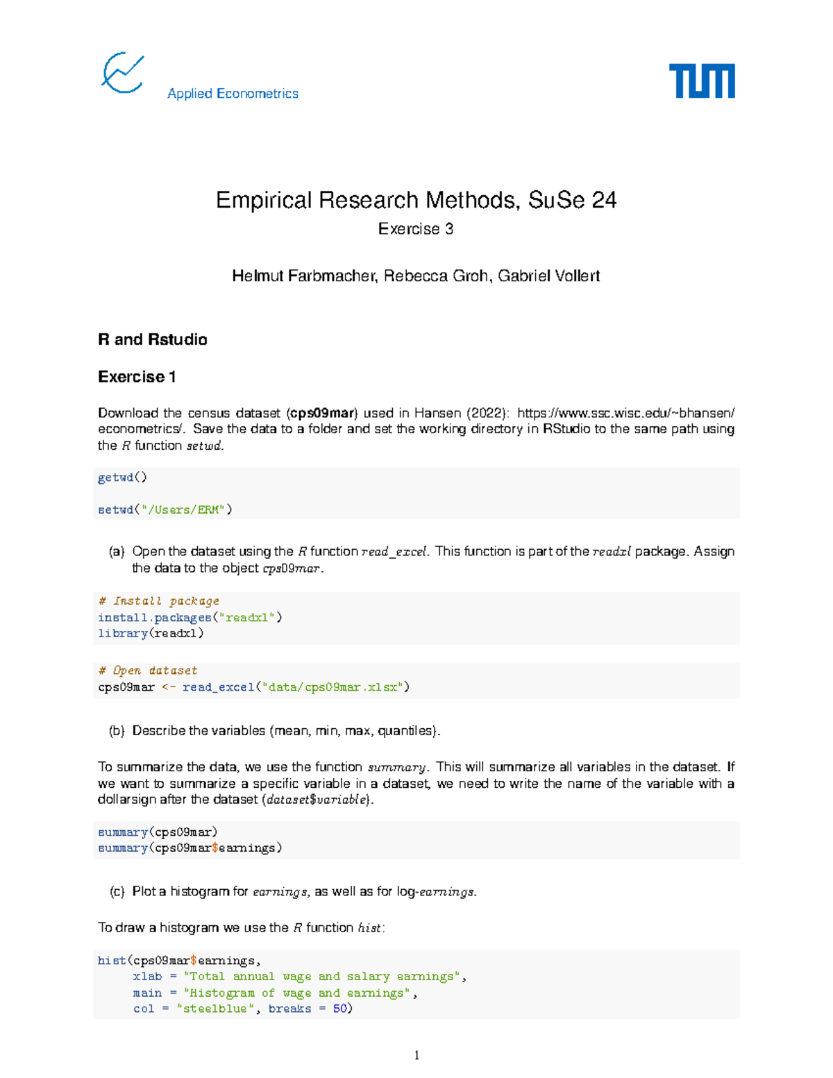 Exercise 3 solution - JHGFDCSXDFHGJFDHSGF - Applied Econometrics Empirical Research Methods ...