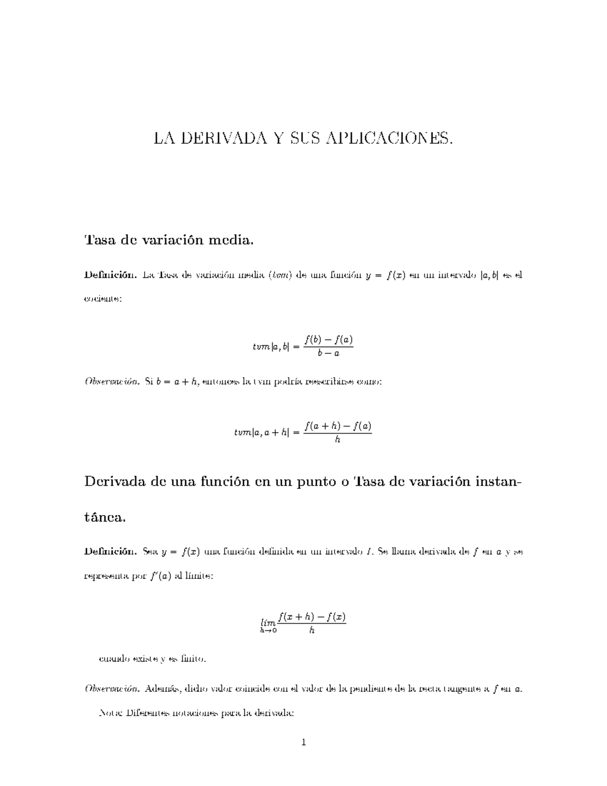 Derivadas Y Aplicaciones - LA DERIVADA Y SUS APLICACIONES. Tasa de ...