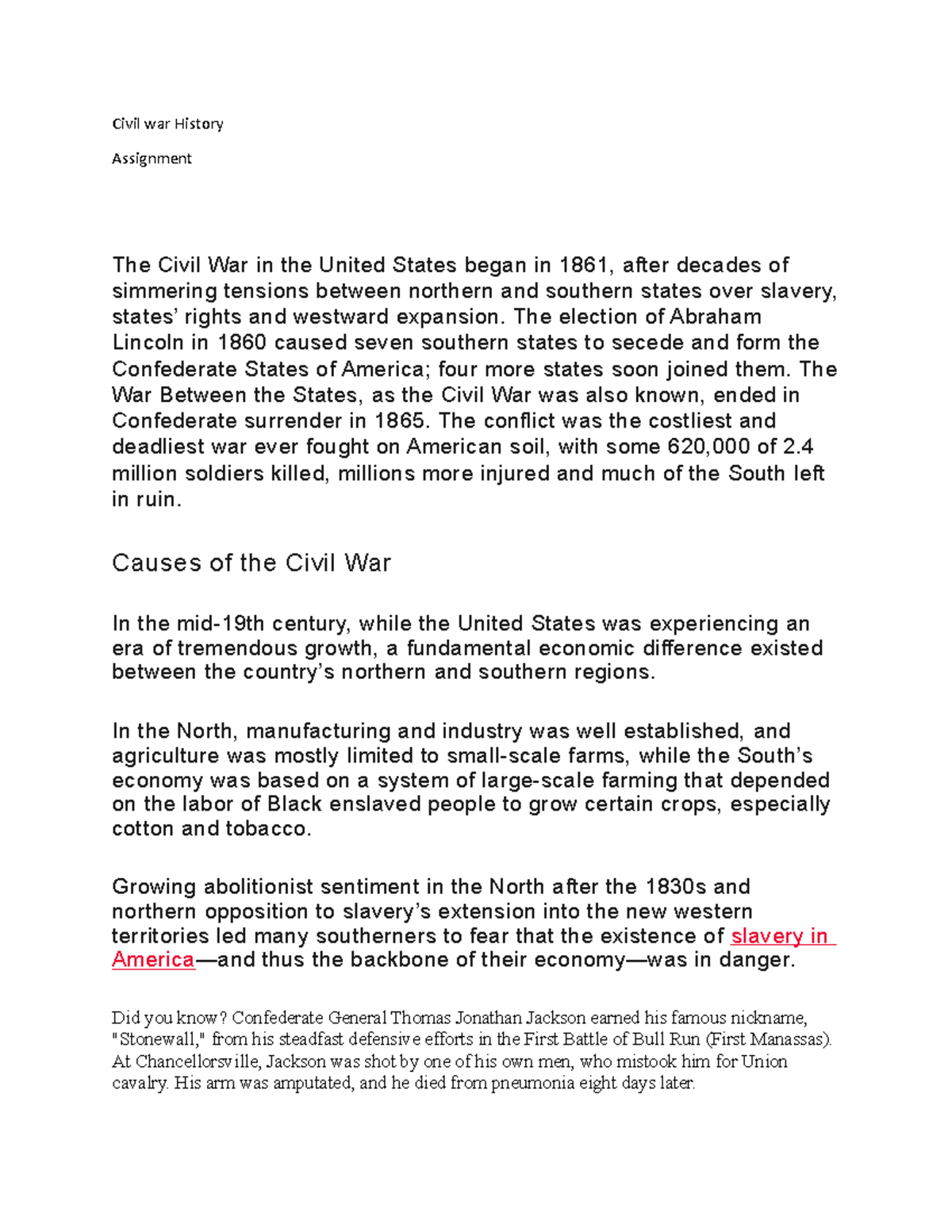 Civil war assignment the history - Civil war History Assignment The ...