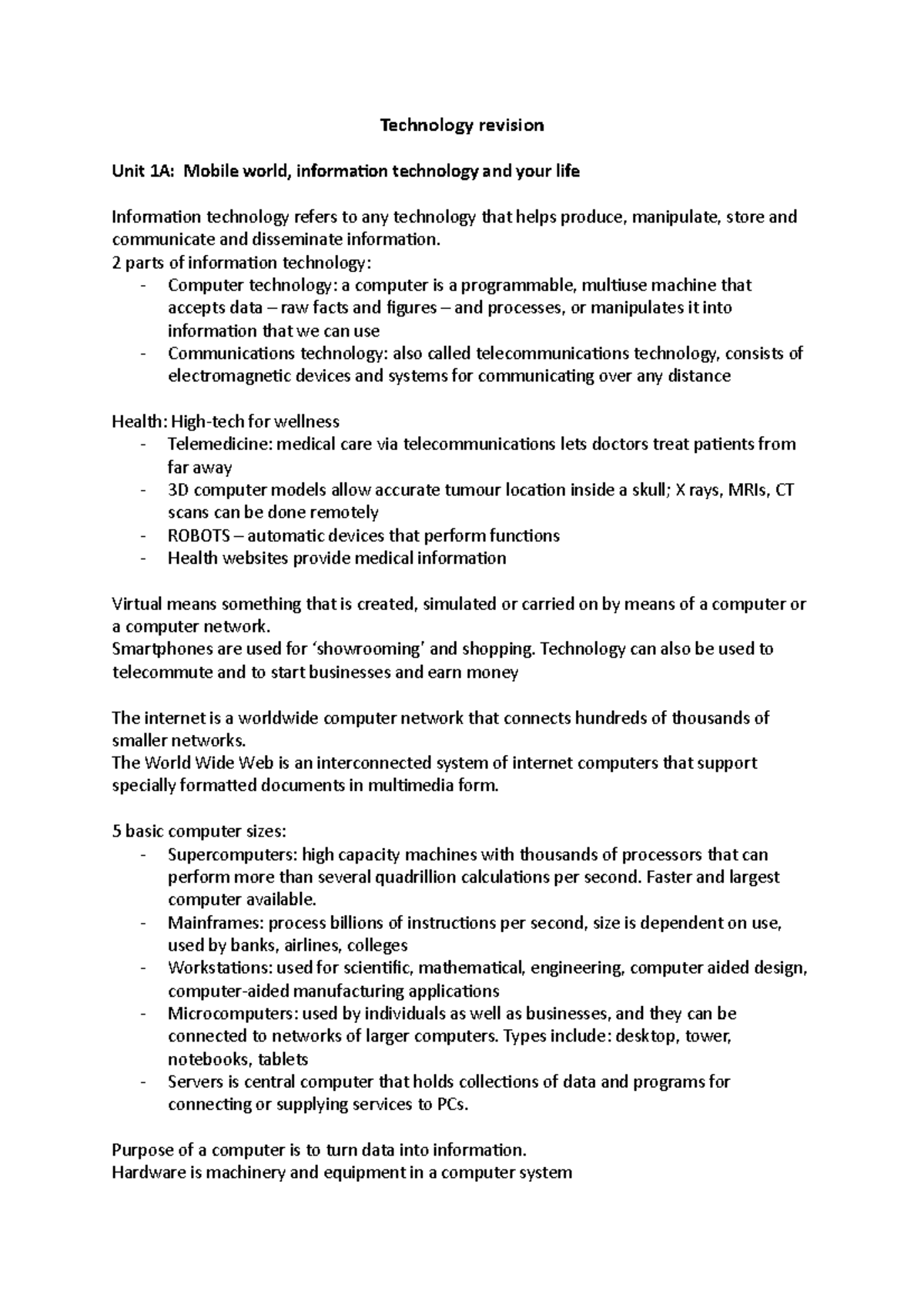 Technology revision - Technology revision Unit 1A: Mobile world ...