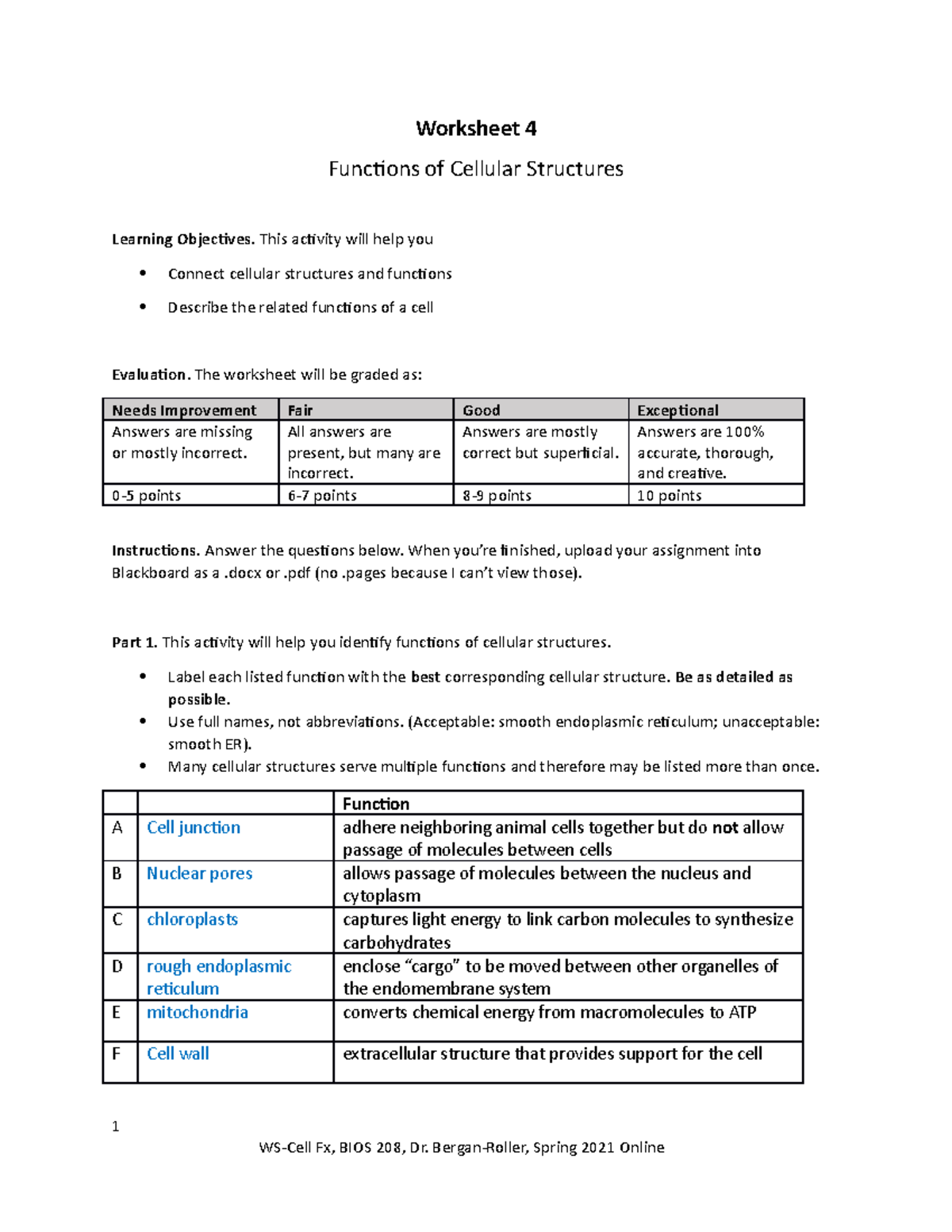 Worksheet 4- Function of cell stx - Worksheet 4 Functions of Cellular ...
