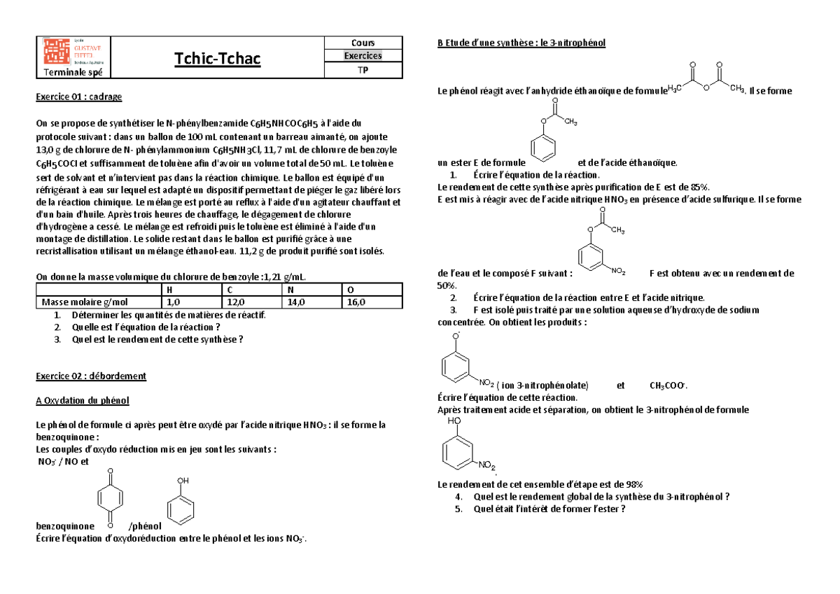 72 Tchic Tchac sujet protocole de synthèse protection de fonction - Terminale spé Tchic-Tchac ...