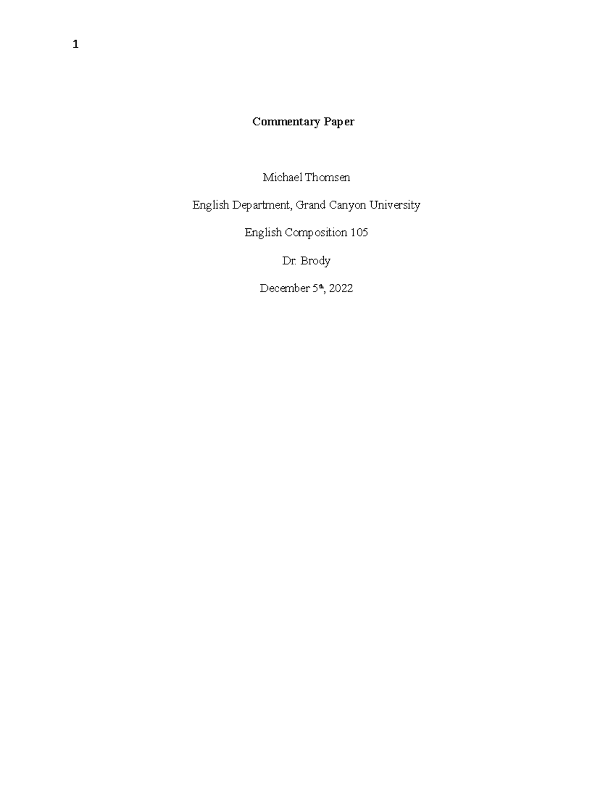 Commentary Paper - big poopy - Commentary Paper Michael Thomsen English ...