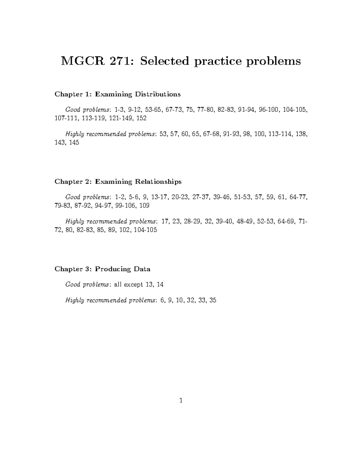 Selected practice problems Chapters 1-11 - MGCR 271: Selected practice problems Chapter 1 ...
