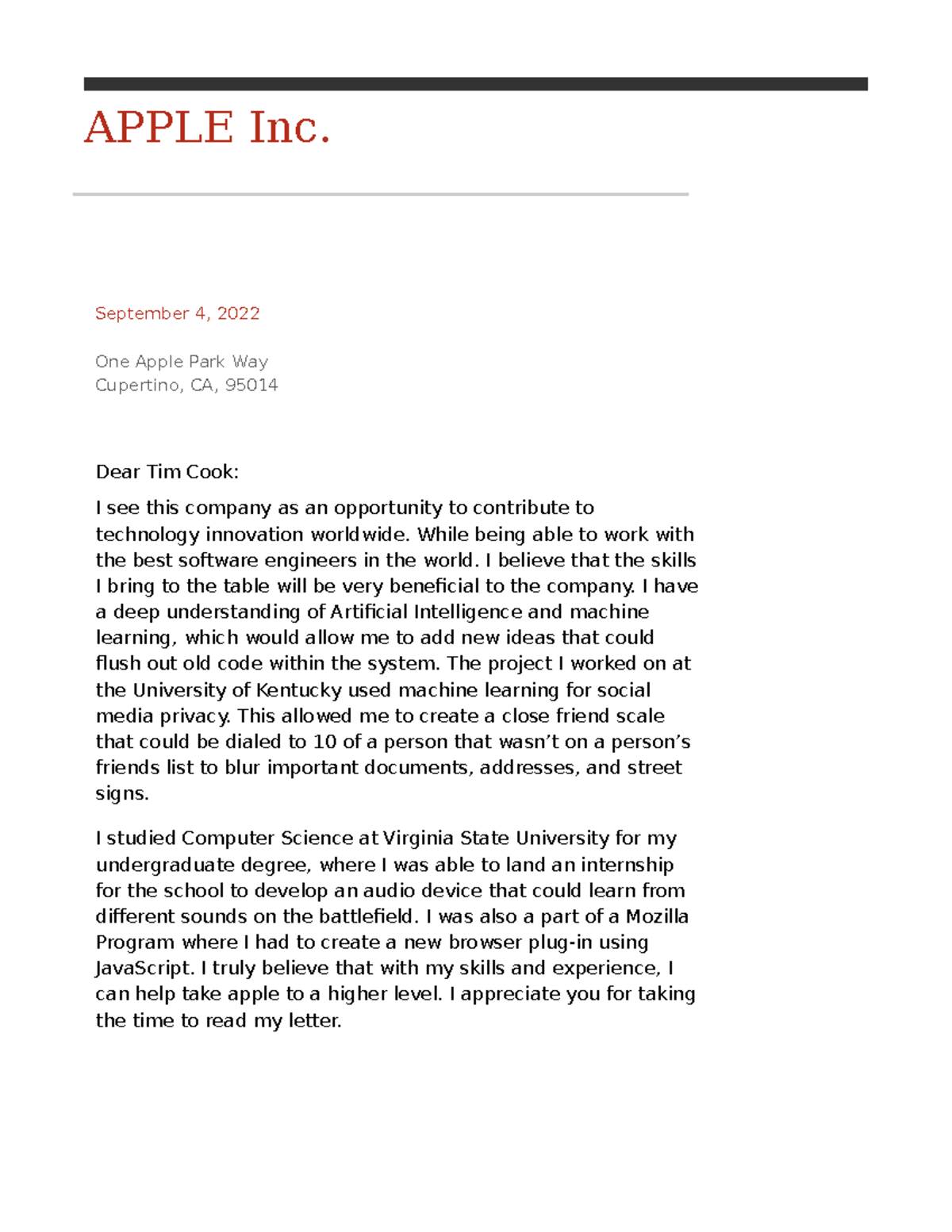 Business letter - gidddy - APPLE Inc. September 4, 2022 One Apple Park ...