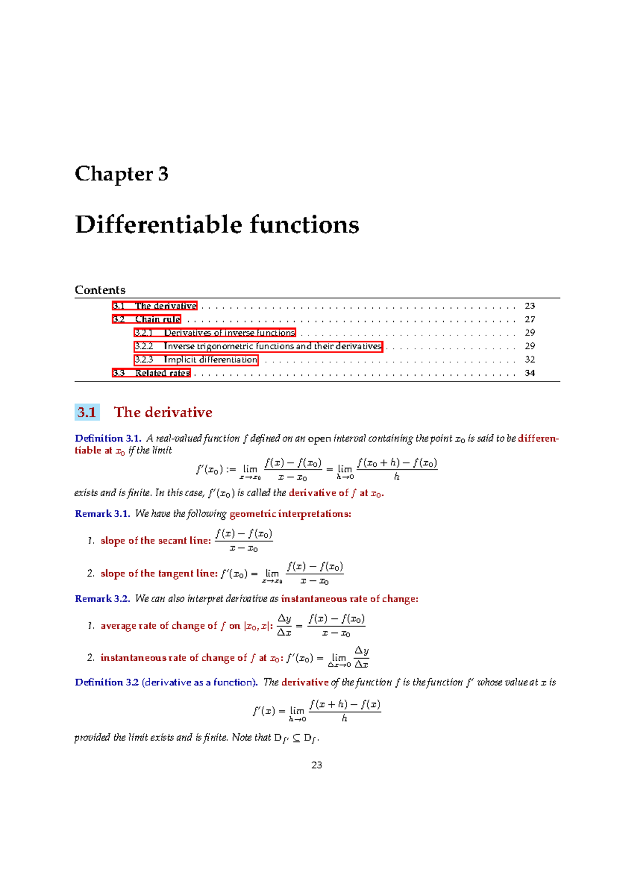 Ch3-Differentiable Functions - Chapter 3 Differentiable functions Contents 3 The - Studocu